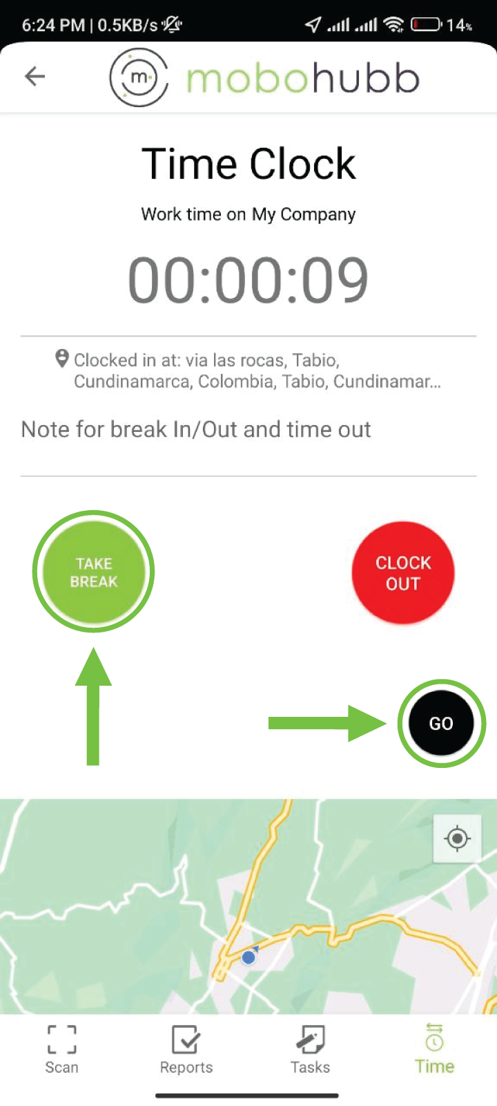 Clock in-out, break in the Mobohubb app mobile – mobohubb